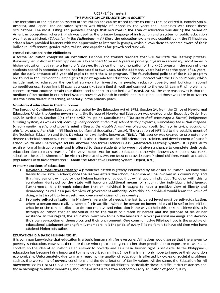 The Function of Education in Society | PDF | Self Actualization ...