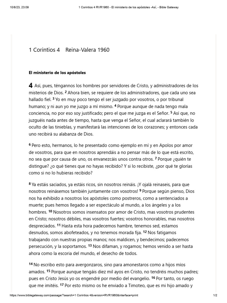 1 Corintios 4 RVR1960 - El Ministerio de Los Apóstoles - Así, - Bible Gateway | PDF | Cristo ...