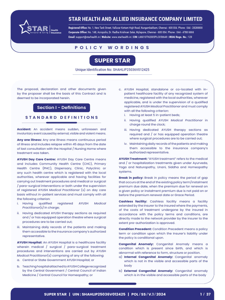 Super Star Health Insurance Policy Wording | PDF | Medicine | Hospital