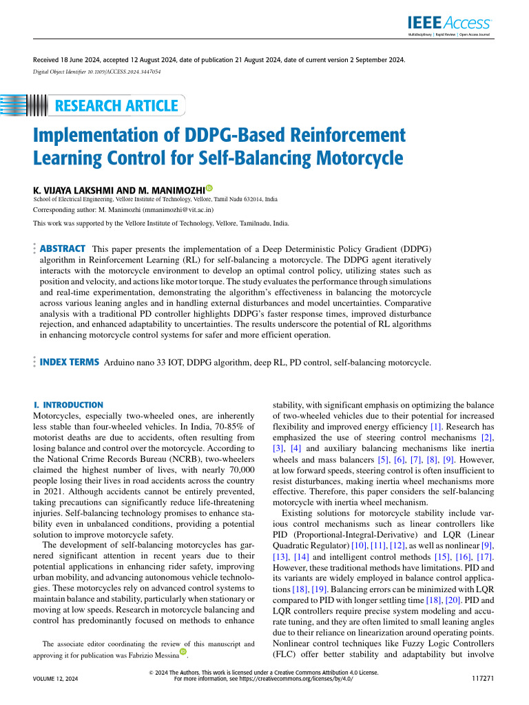 Implementation of DDPG-Based Reinforcement Learning Control For Self-Balancing Motorcycle | PDF