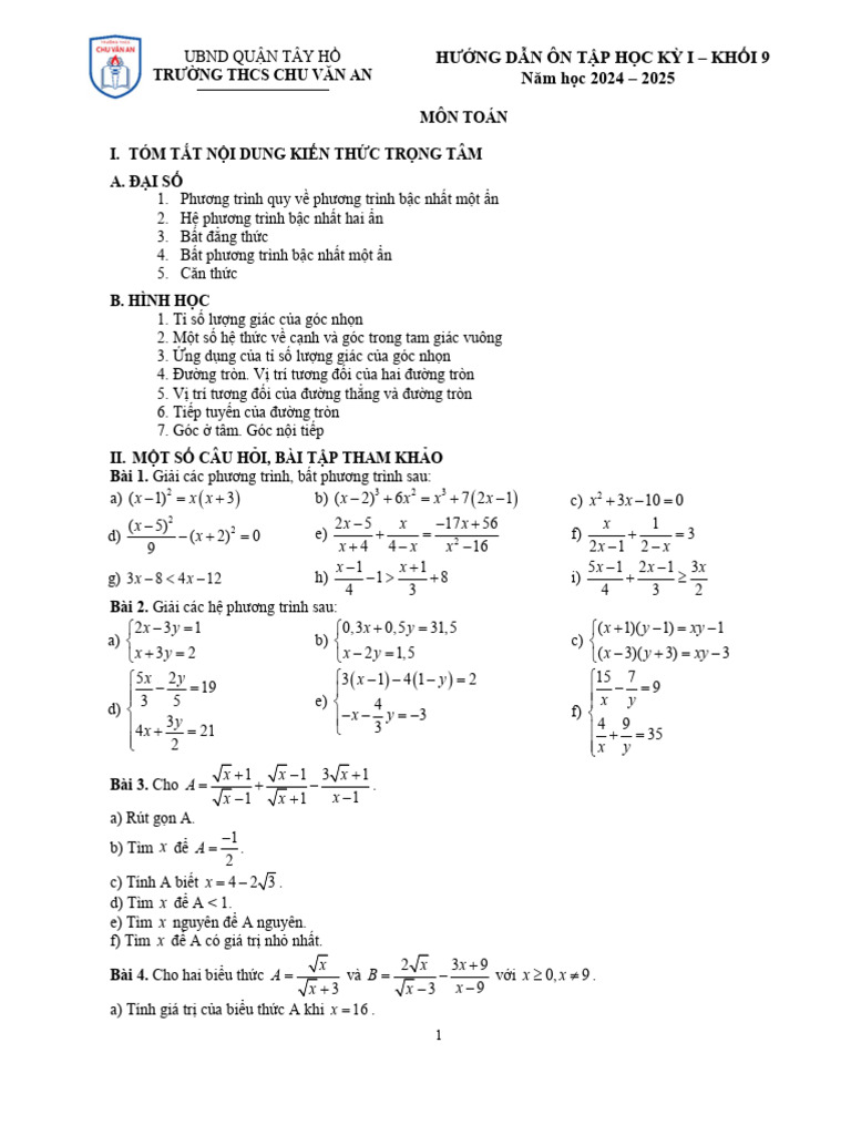 On Tap Hoc Ky 1 Toan 9 Nam 2024 2025 Truong Thcs Chu Van An Ha Noi | PDF