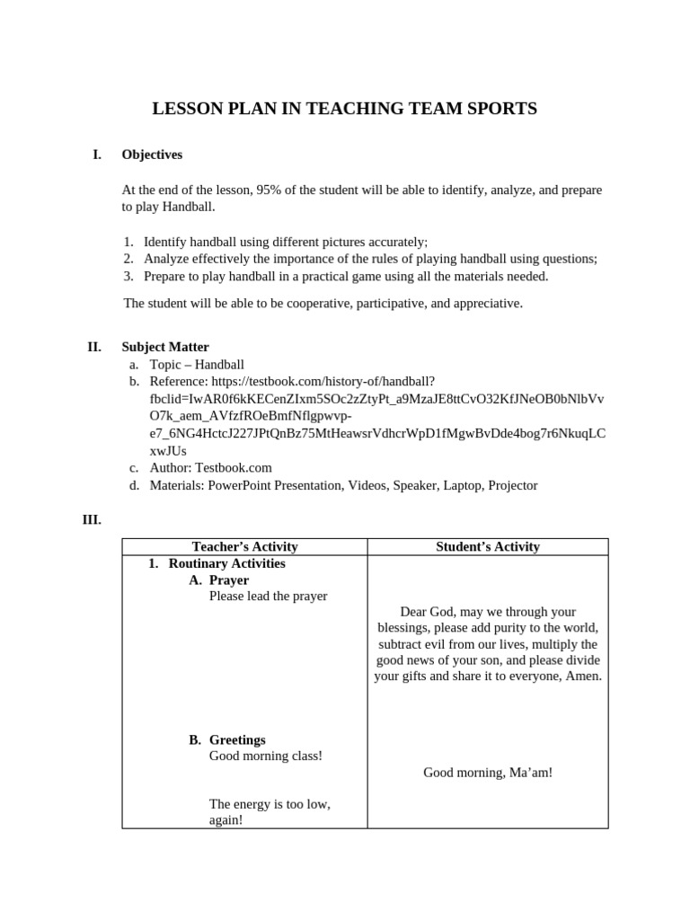 Handball Lesson Plan Overview | PDF | Sports | Ball Games