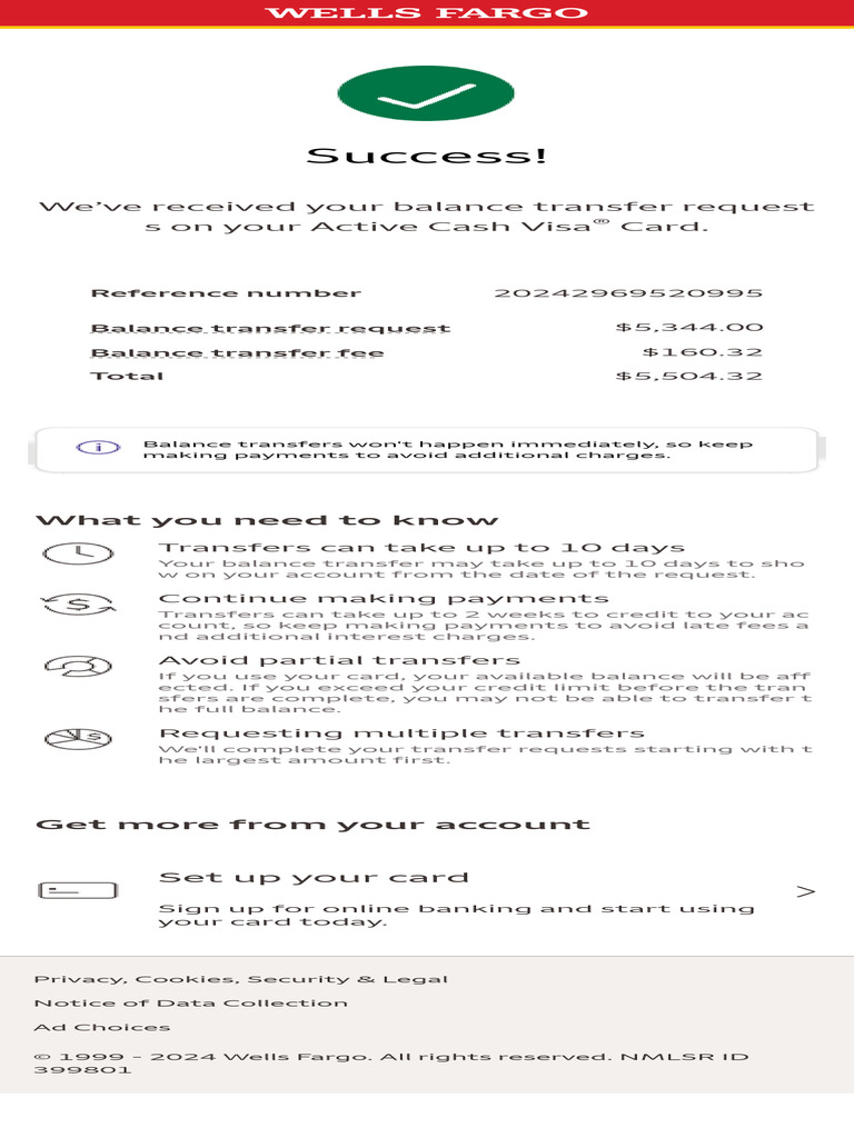 Balance Transfer Success Confirmation - Wells Fargo | PDF