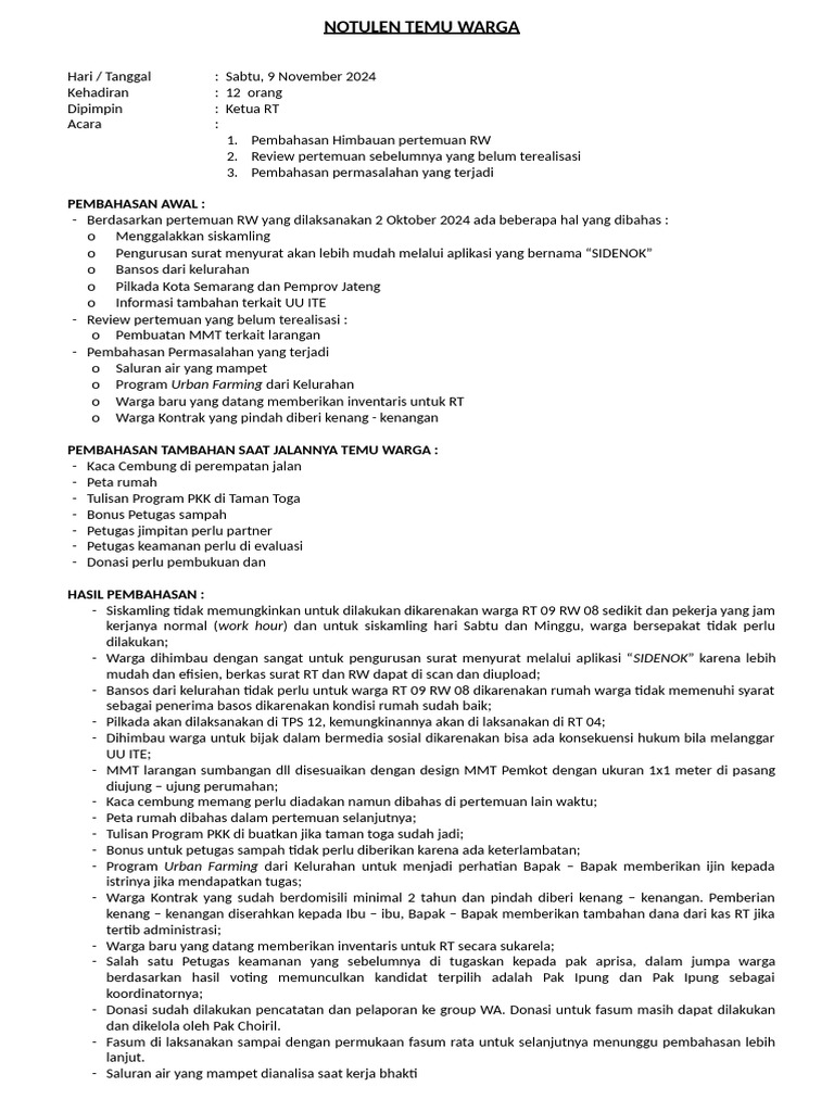 Notulen Rapat RT 09 - November 2024 | PDF