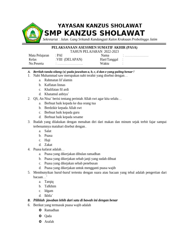 SOAL AKM PAI 8.2 2023 | PDF