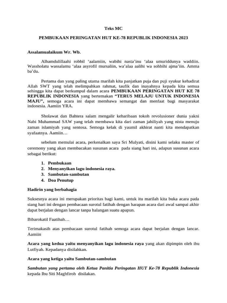 Teks MC HUT RI | PDF