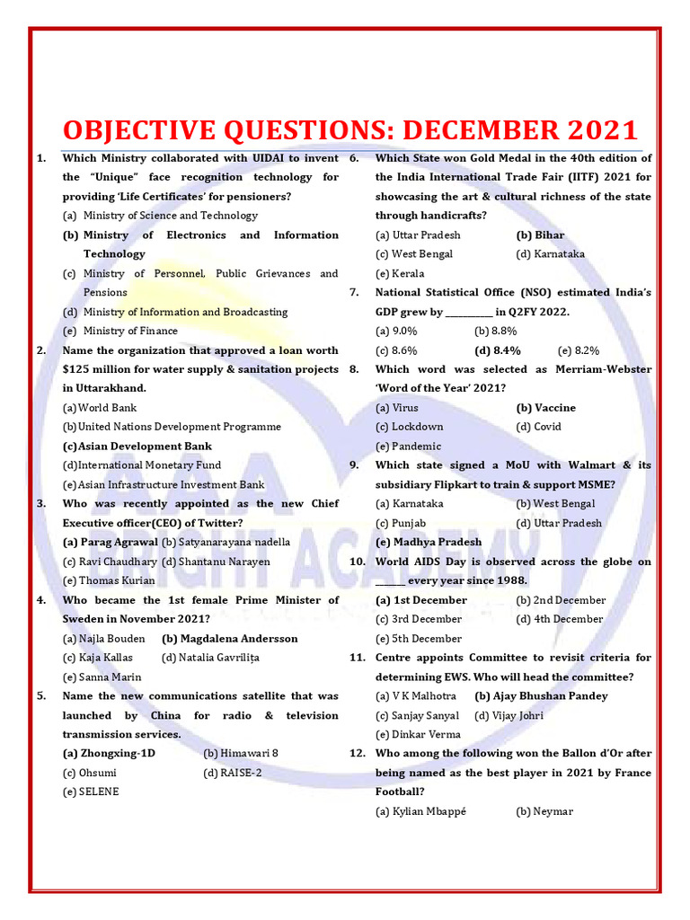 December Quiz With Answers | PDF