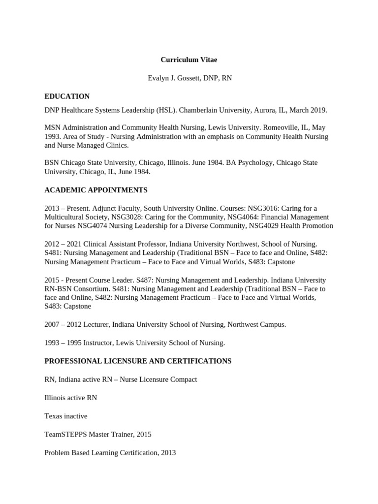 Sept 2021 Curriculum Vitae Gossett | PDF | Nursing | Health Care