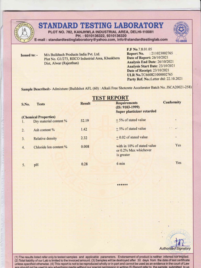 Third Party Test Report for Admixtures | PDF