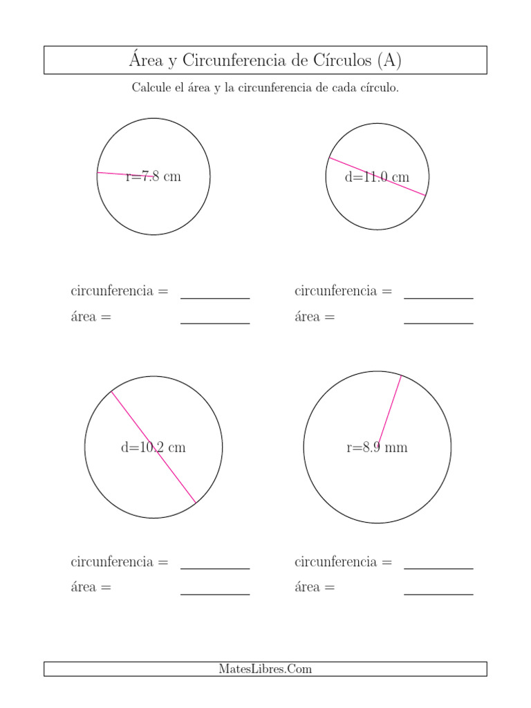Hojas de Ejercicios de Medidas - Calcular La Circunferencia y El á Rea ...