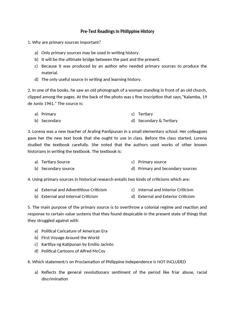 Philippine History Pre-Test Guide | PDF | Philippines