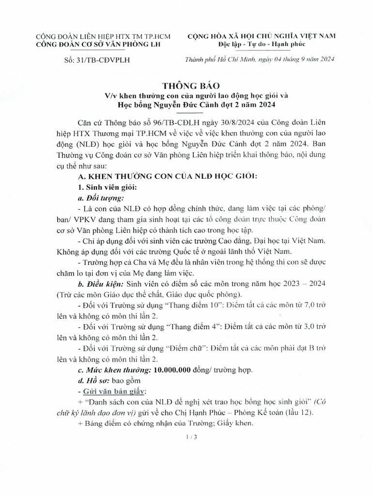 TB Hoc Bong Sinh Vien Gioi Va Hoc Bong Nguyen Duc Canh Dot 2.2024 | PDF