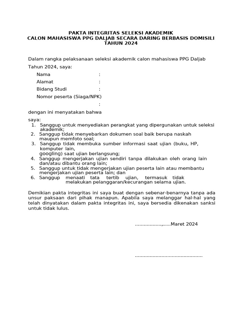 Pakta Integritas PPG 2024 | PDF