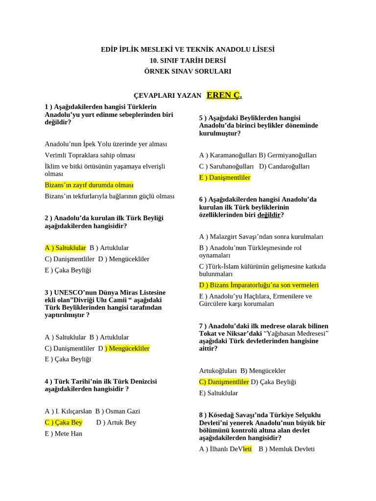 10. SINIF TARİH DERSİ ÖRNEK SINAV SORULARI VE CEVAPLARI | PDF