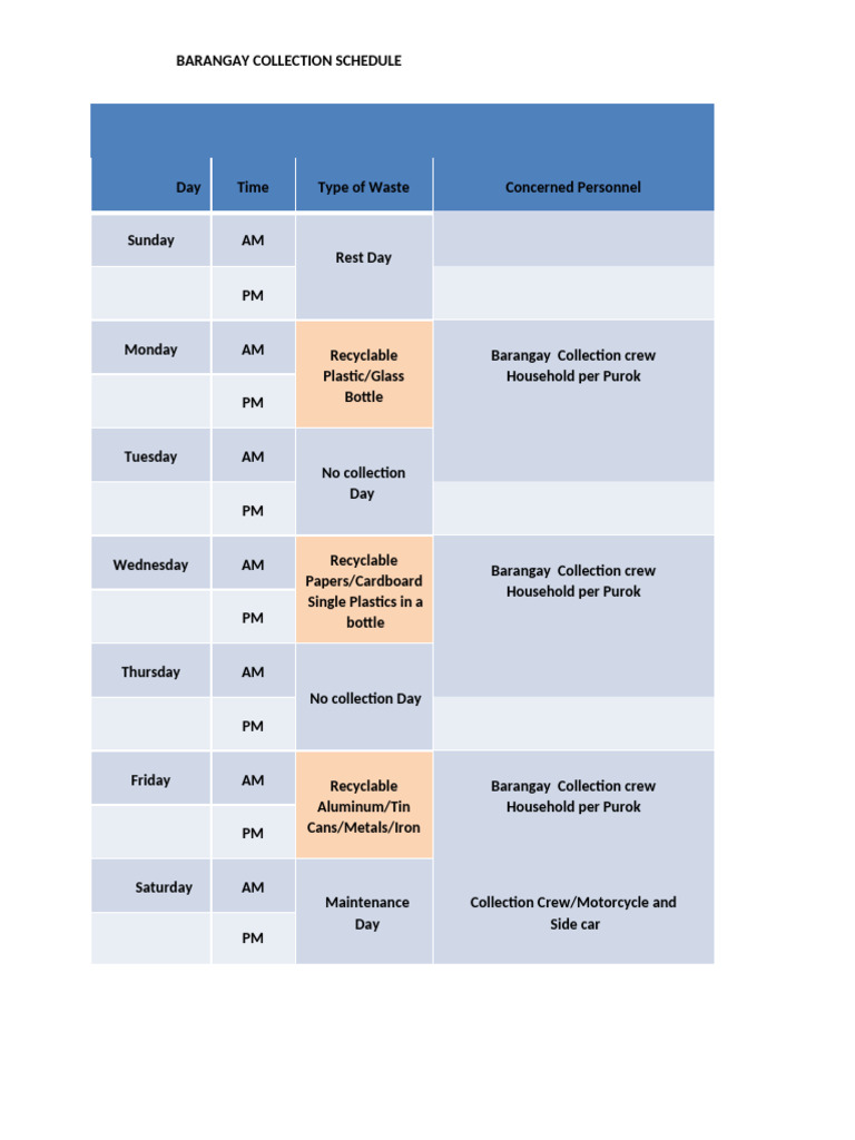 Barangay Collection Schedule | PDF