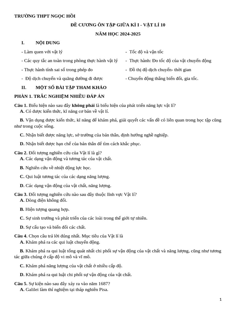 ĐỀ CƯƠNG GKI. VL10. HS (24-25) | PDF