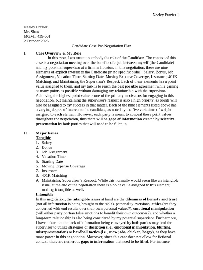 Candidate Case Pre-Negotiation Plan | PDF | Cost Of Living | Negotiation