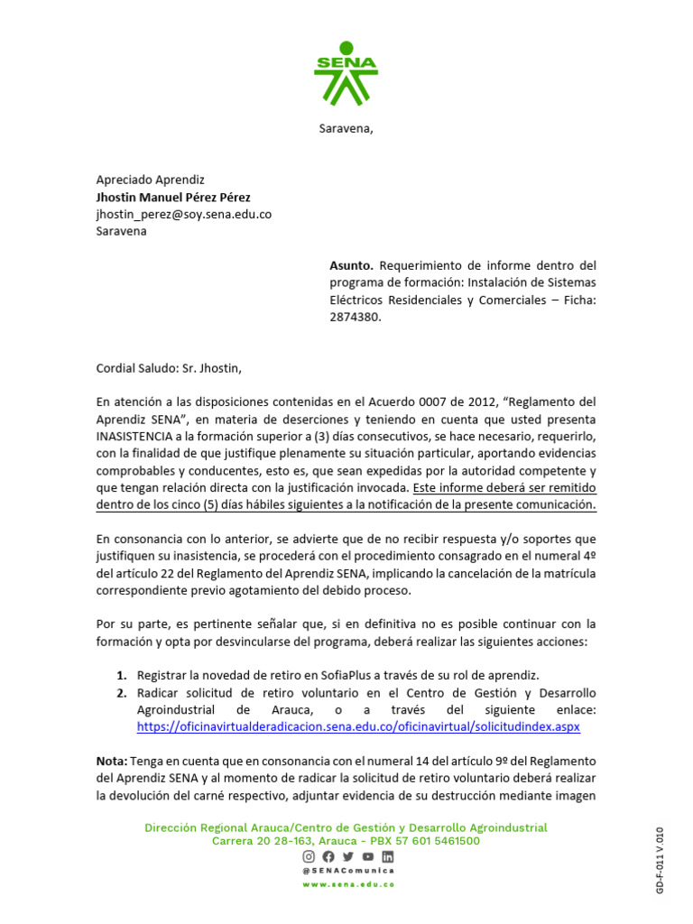 REQUERIMIENTO DESERCION - JHOSTIN PEREZ | PDF