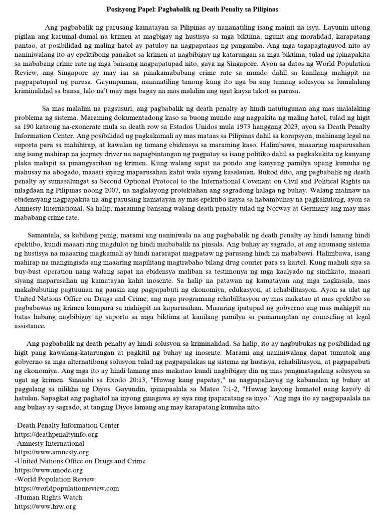 Posisyong Papel Pagbabalik NG Death Penalty Sa Pilipinas Ang Pagbabalik NG - 20241126 - 170727 ...