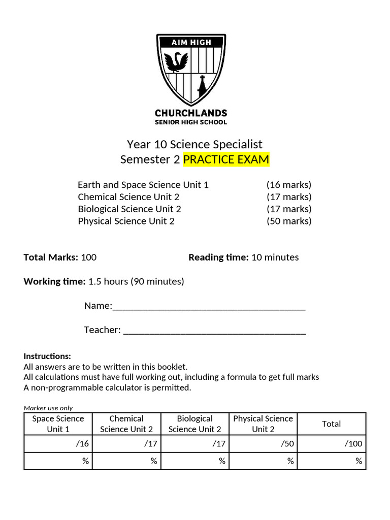 Year 10 Science Specialist Practice S2 Exam - Questions | PDF ...