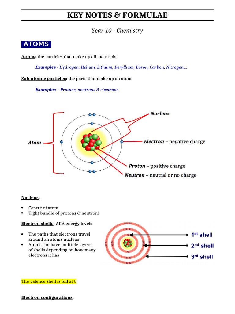 Chemistry Key Notes Handout - Year 10 Spec 2024 | PDF | Chemical ...
