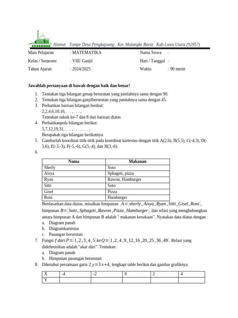 SOAL MTK KELAS VIII SEMETER I | PDF