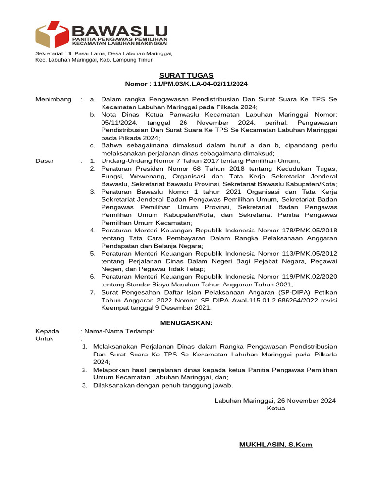 FORMAT SURAT TUGAS Perjadin KPPS | PDF