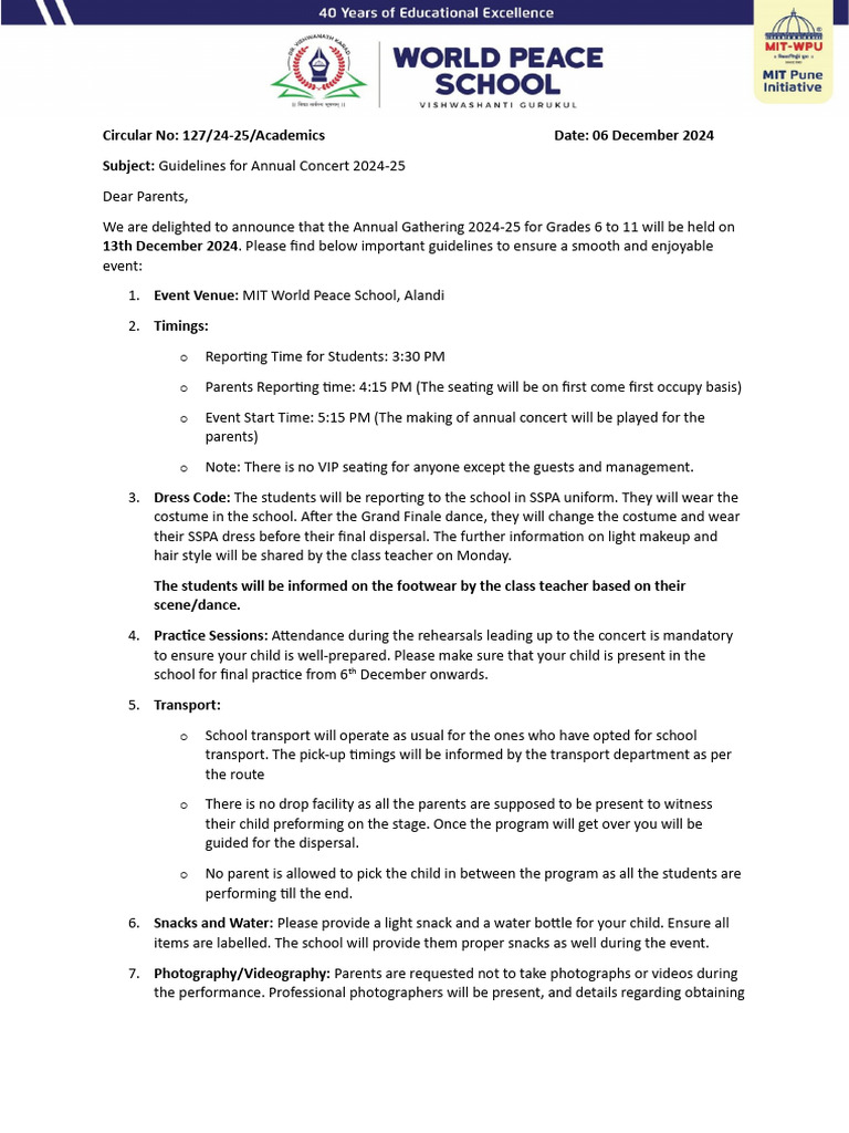 Circular No 127 - Annual Concert guidelines circular 6 to 11 | PDF