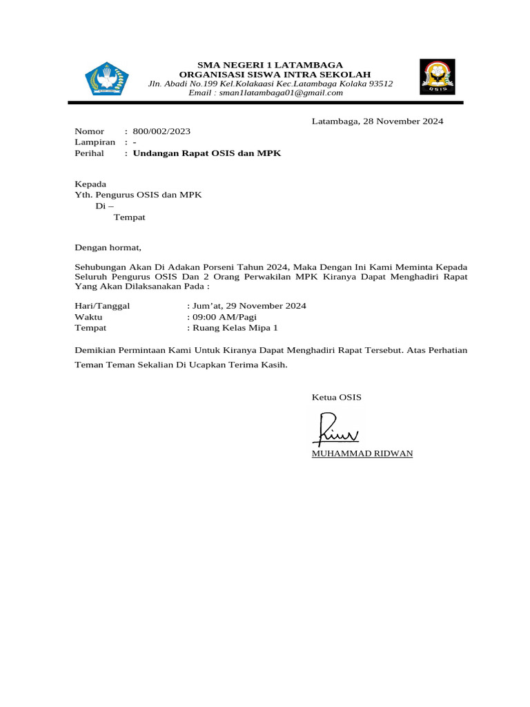 Undangan Rapat OSIS & MPK 2024 | PDF