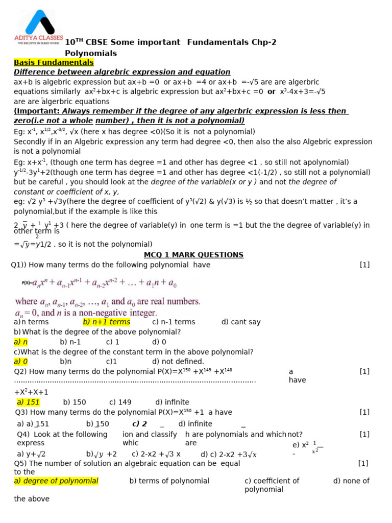 10 TH Worksheet On chp-2 Polynomials (New) | PDF | Quadratic Equation | Zero Of A Function