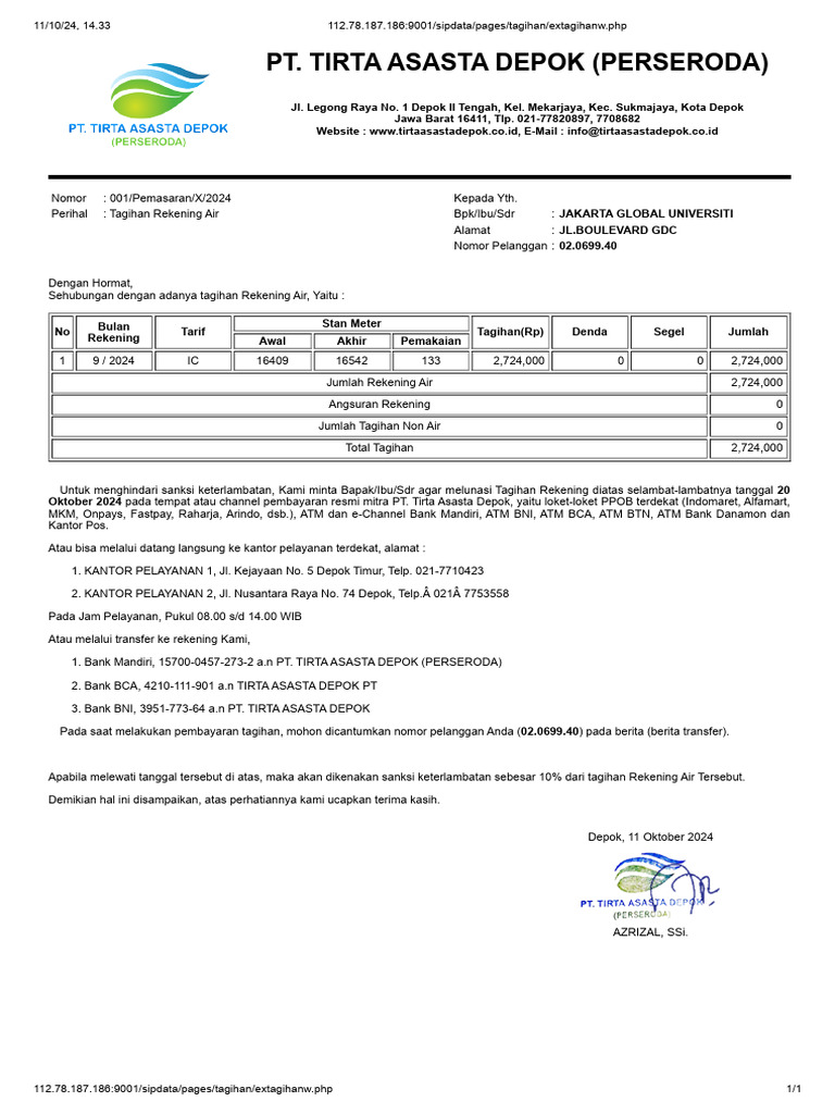 Tagihan Rekening Air Jakata Global Universiti Agustus 2024 | PDF