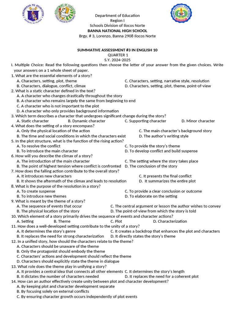 English 10 Summative Assessment Guide | PDF | Plot (Narrative)