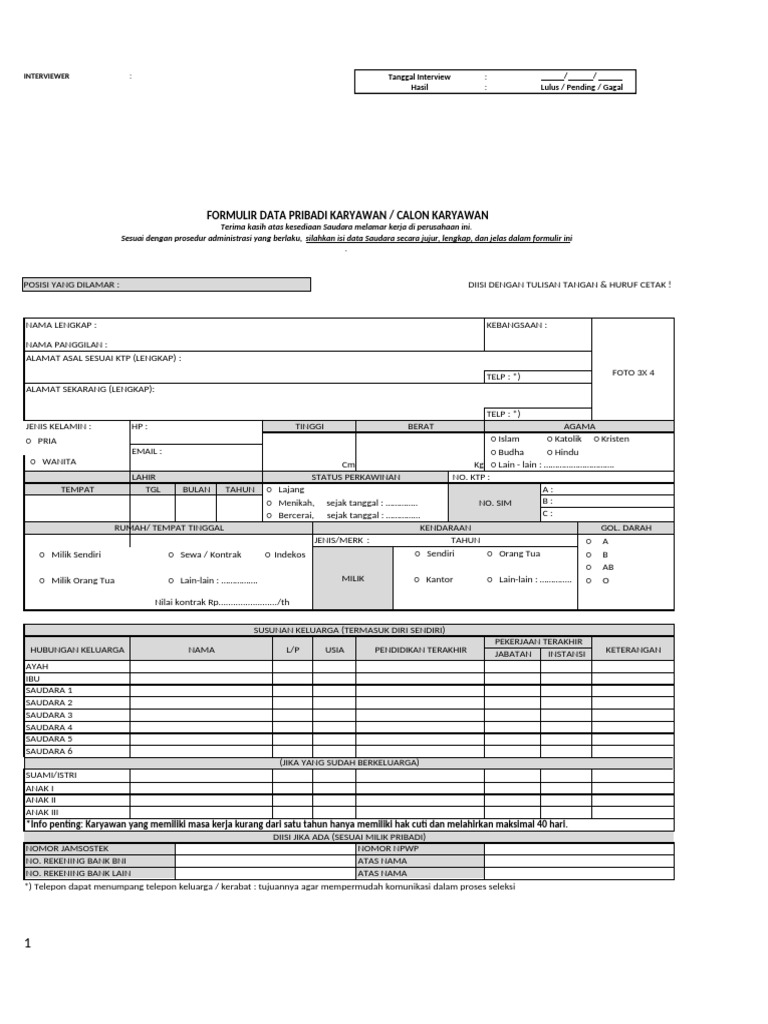 001. Form Data Pribadi Karyawan | PDF 001. Form Data Pribadi Karyawan | PDF