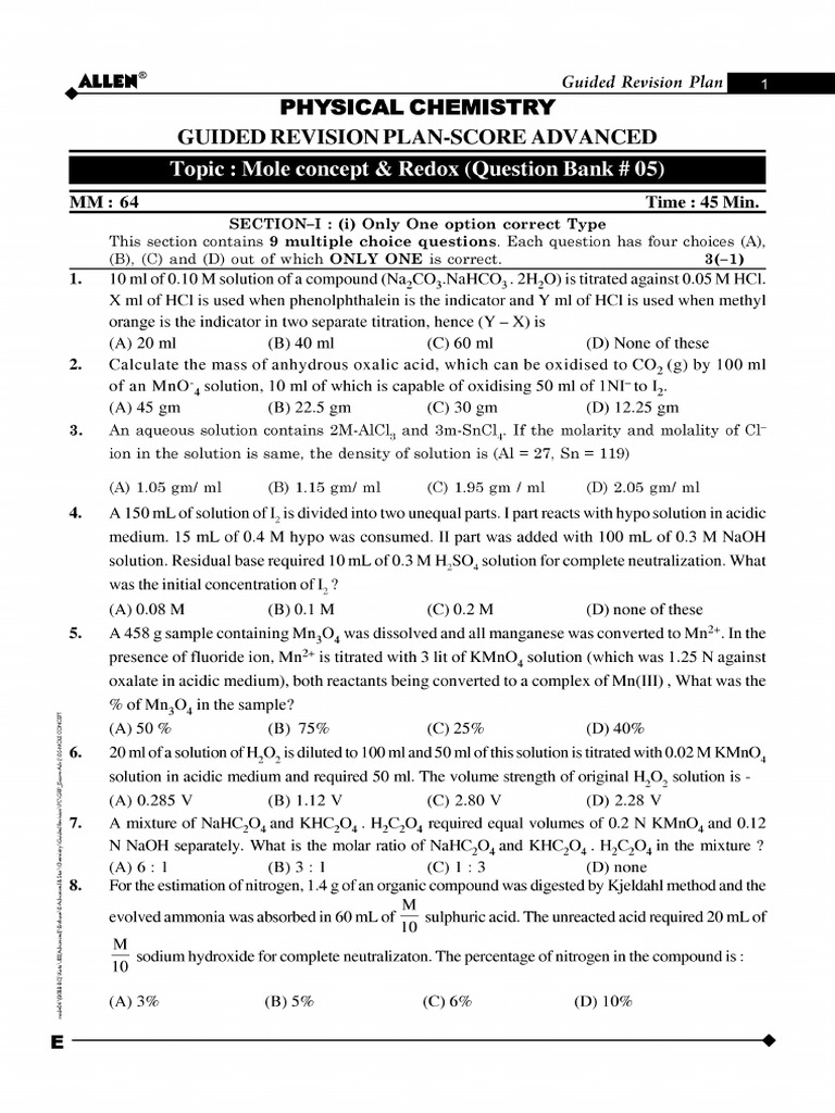Mole Concept + Redox (1) | PDF