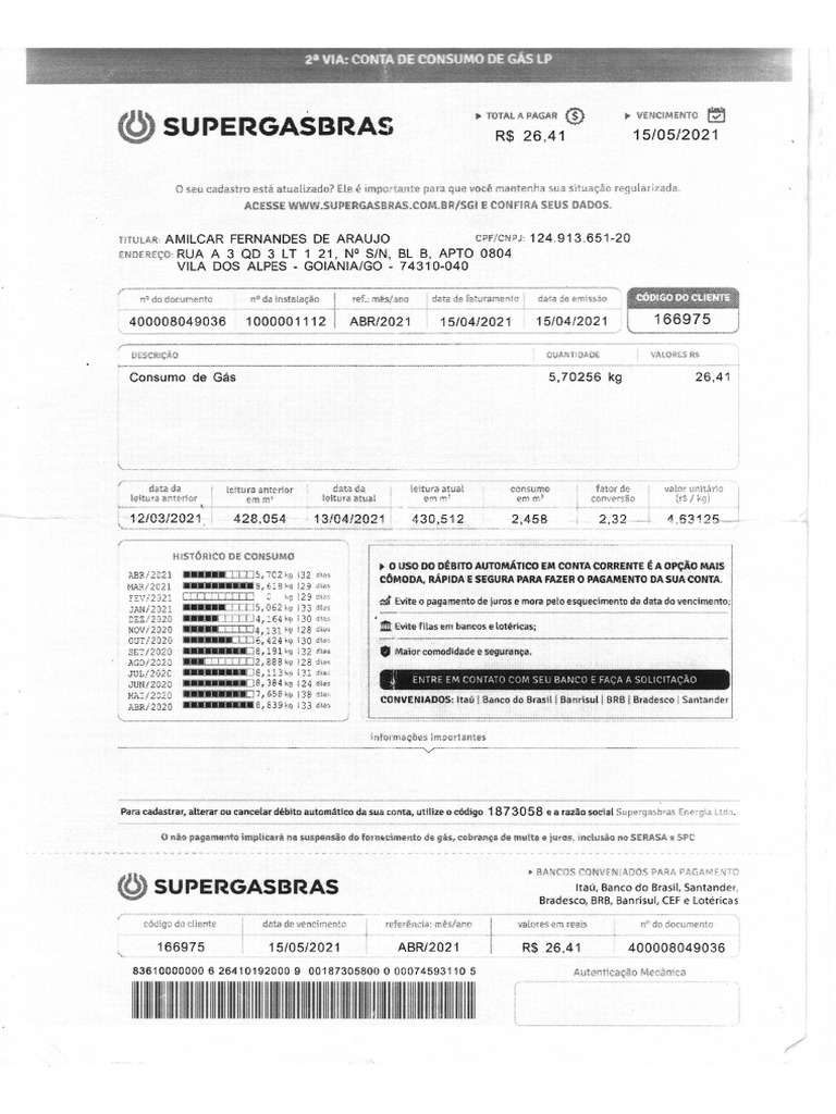 Conta - Gas.amilcar - Fernandes.Araújo.15.05.2021 | PDF