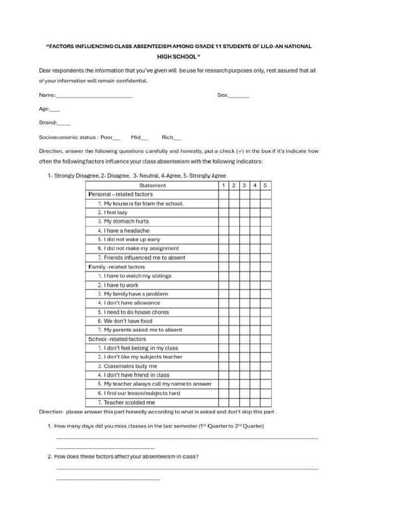 Factors influencing class absenteeism among Grade 11 Students survey ...