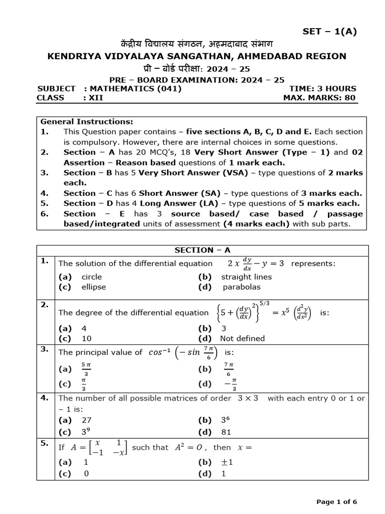 Xii Maths Pre Board-1 KVS, Ahemdabad (Set-A) 2024-25 | PDF | Matrix (Mathematics) | Pi