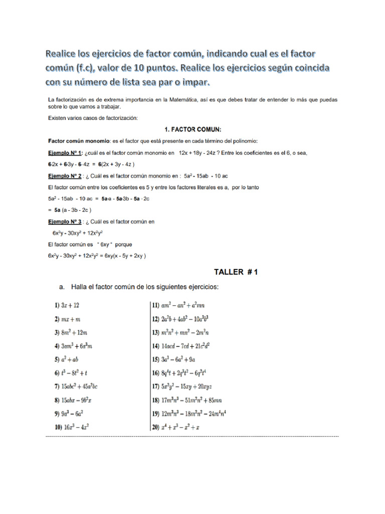 Ejercicios Factor Comun | PDF