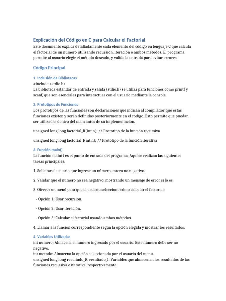 Explicacion_Codigo_Factorial | PDF | Recursividad | C (lenguaje de programación)
