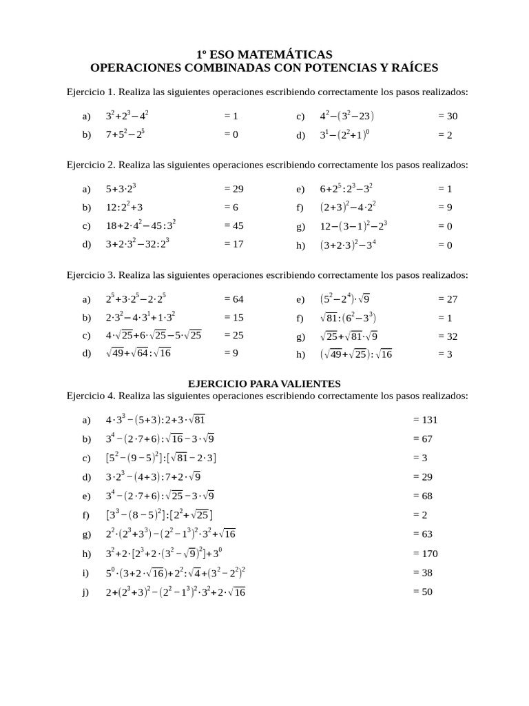 Hoja 1D Operaciones Combinadas Con Potencias y Raíces | PDF