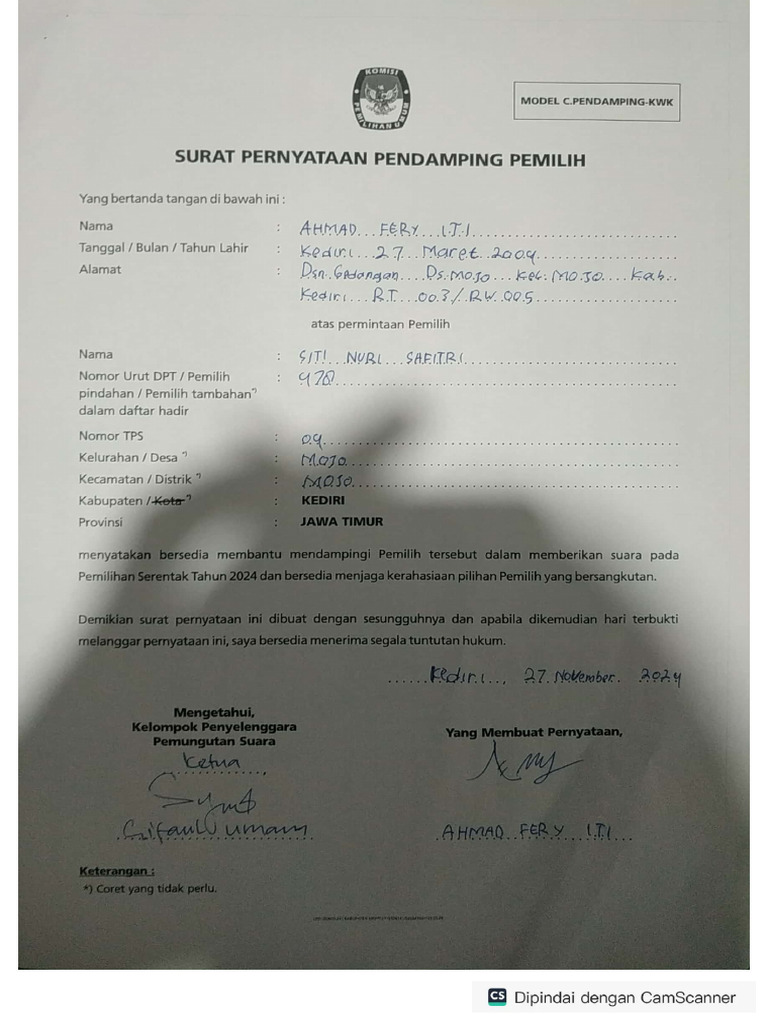 Contoh Surat Pernyataan Pendamping Pilkada 2024 | PDF