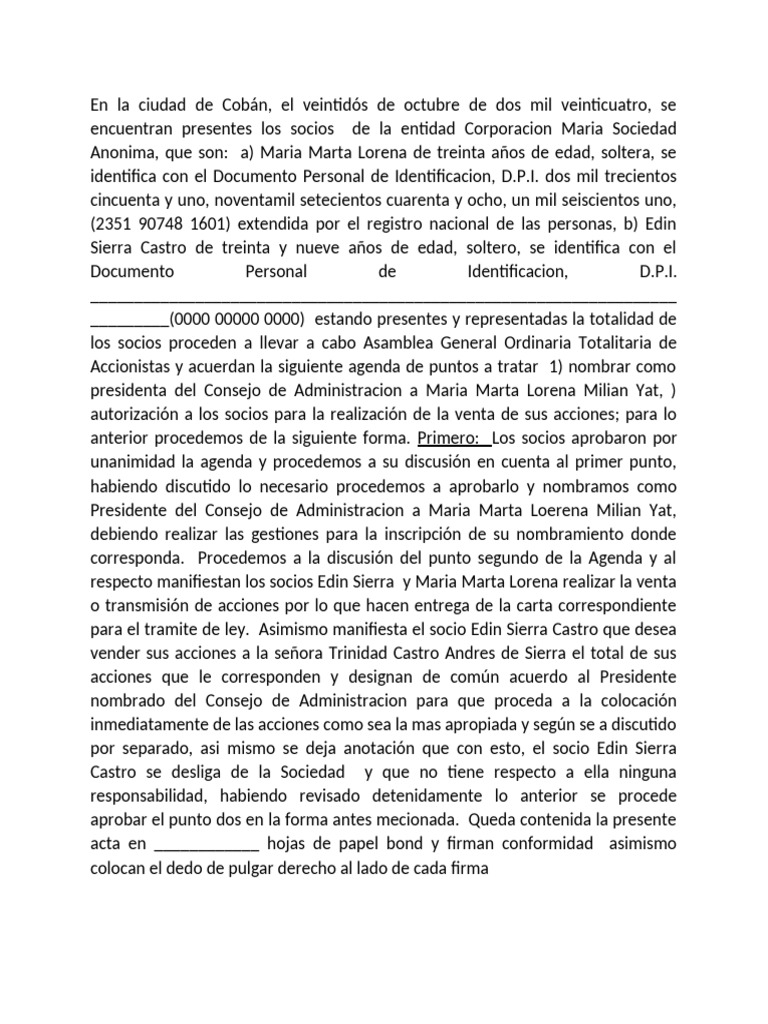 Acta de Venta de Acciones | PDF | Gobierno
