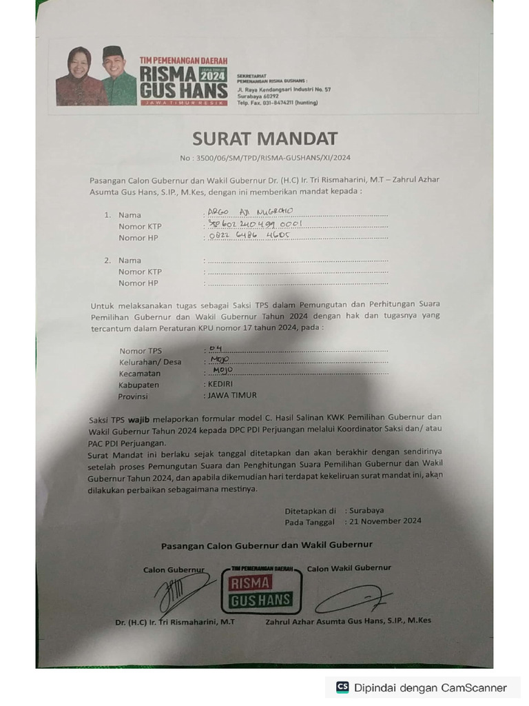 Contoh Surat Mandat Saksi Pilkada 2024 | PDF