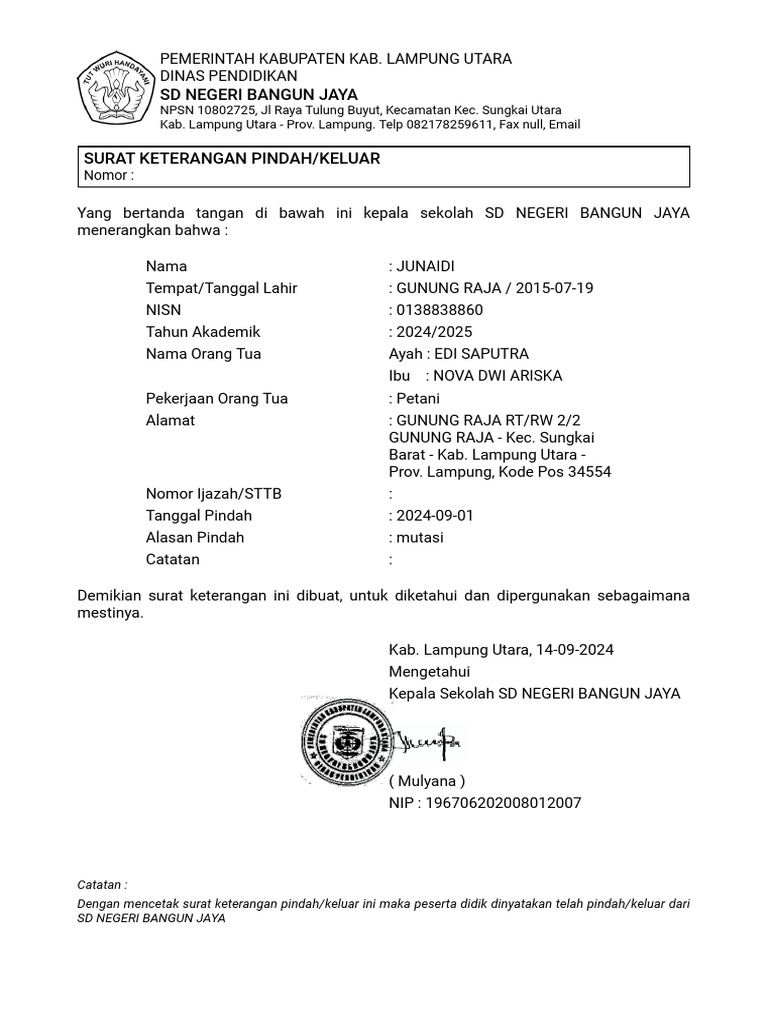 Surat Pindah Junaidi | PDF