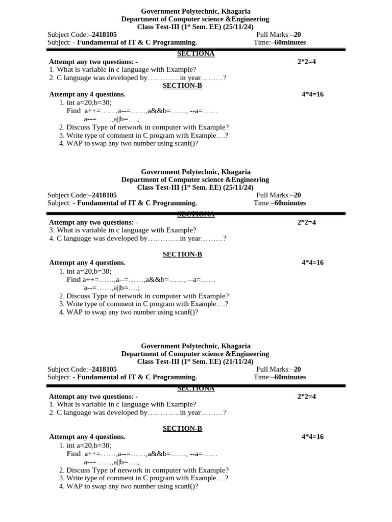 C Programming Test for EE Students | PDF | Computer Programming | Computing