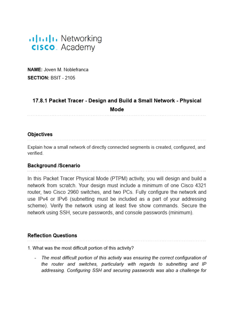 17.8.1 Packet Tracer - Design and Build A Small Network - Physical Mode ...