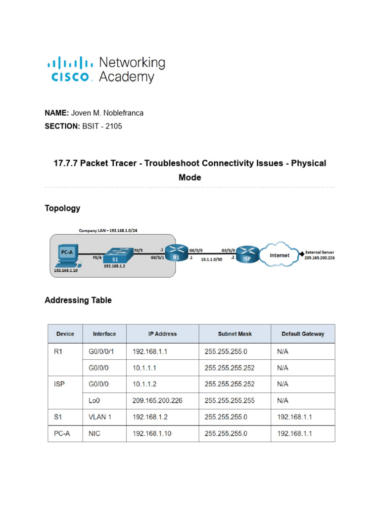 17 7 7 Packet Tracer Troubleshoot Connectivity Issues Physical Mode Pdf Computer Network