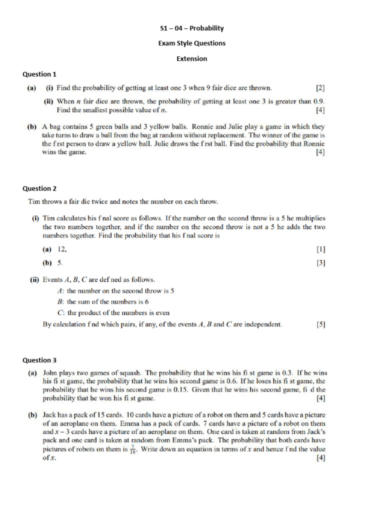 S1 - 04 - Probability - Exam Style Questions - Extension - Questions | PDF