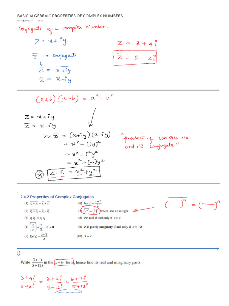 Basic Algebraic Properties of Complex Numbers | PDF
