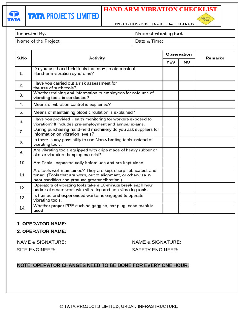 Hand Arm Vibration Safety Checklist | PDF